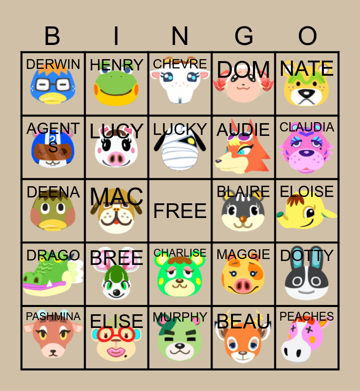 ACNH Villager Hunt Bingo Card