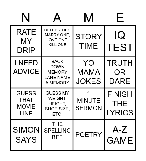 Categories Game Bingo Card