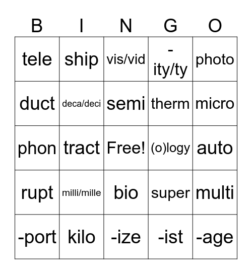 Morpheme Bingo Card
