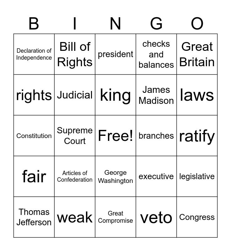 U.S. Government Review Bingo Card