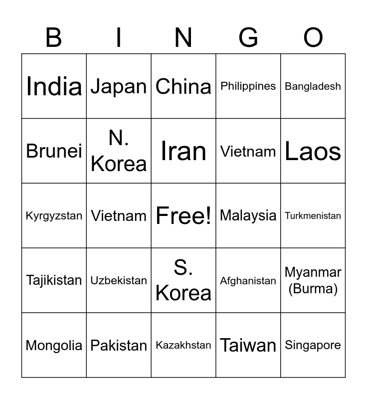 Asia Bingo Card