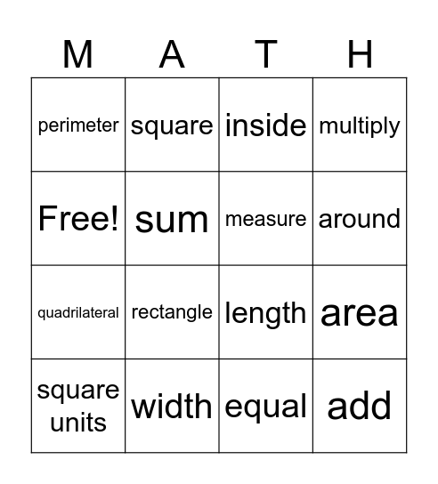 Area and Perimeter Vocabulary Bingo Card
