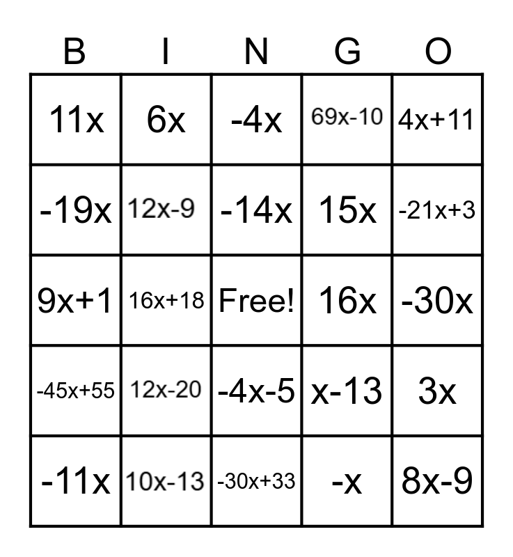 Combining Like Terms Bingo Card