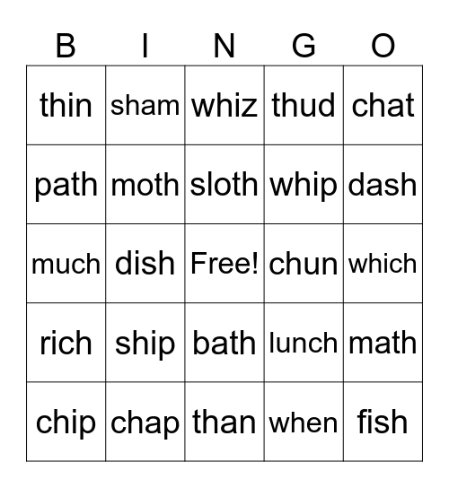 Consonant Digraph Bingo Card