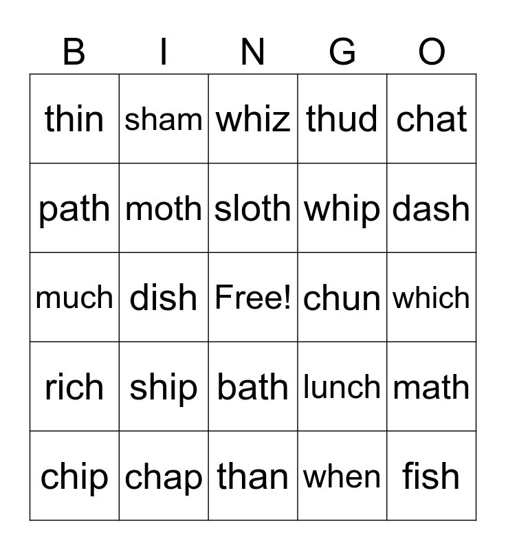 Consonant Digraph Bingo Card