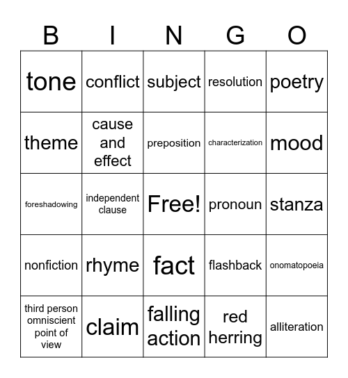 ELA Vocabulary Bingo Card