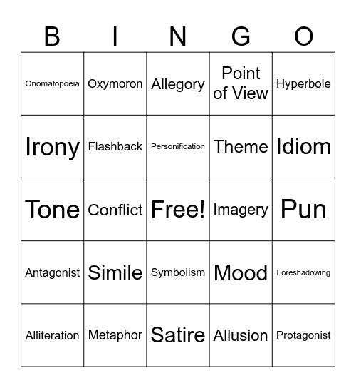 Literary Terms Bingo Card
