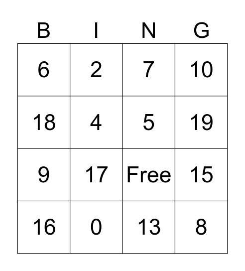 Numbers to 20 Bingo Card