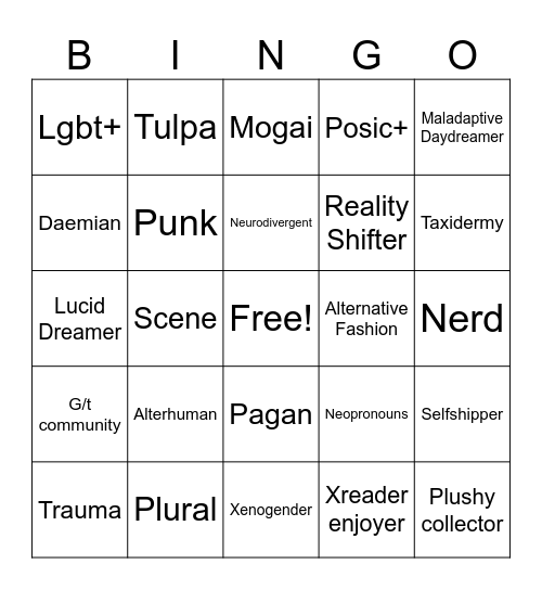 Weirdo Bingo Card