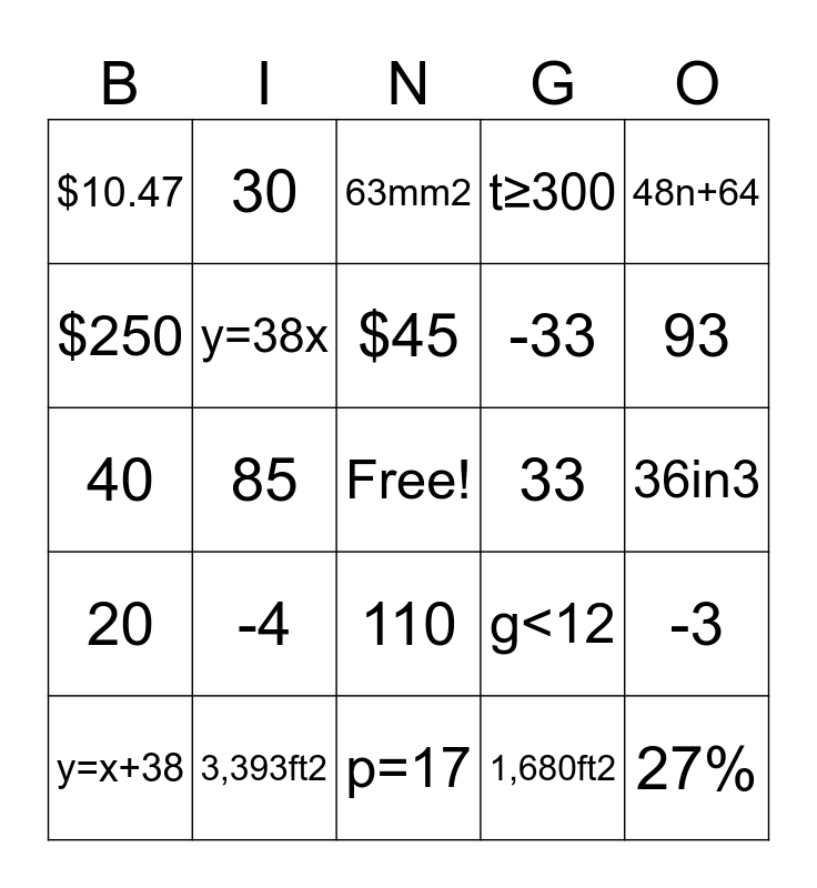 6th Math Bingo Card
