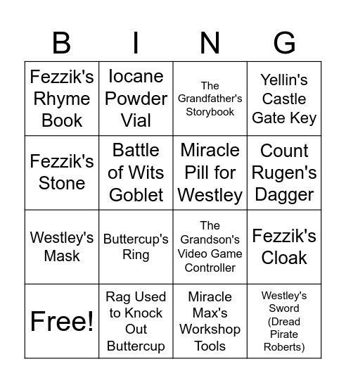 Princess Bride Prop Bingo Card