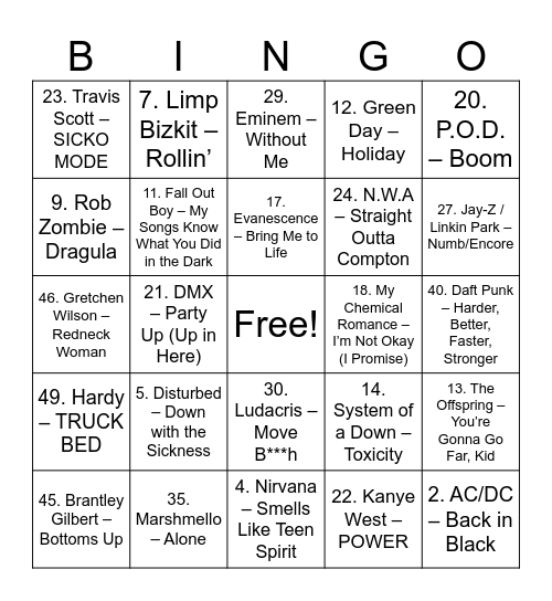 Headbangers Bingo Card
