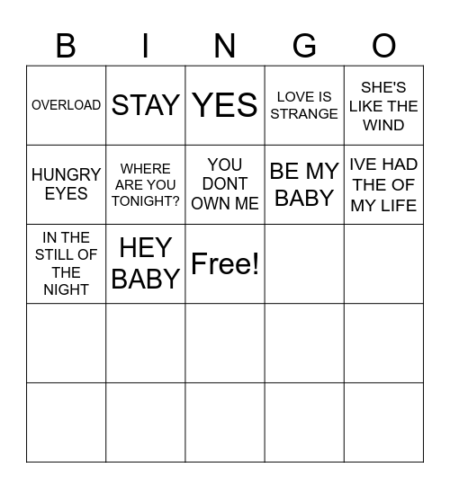Dirty Dancing Bingo Card