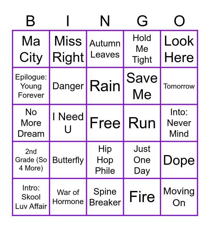 Bangtan Song: Skool Era Bingo Card