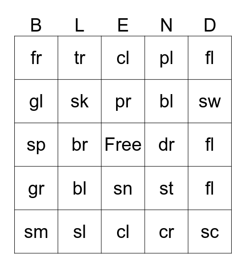 Consonant Blends Bingo Card