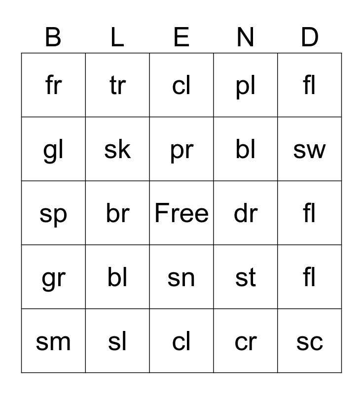 Consonant Blends Bingo Card