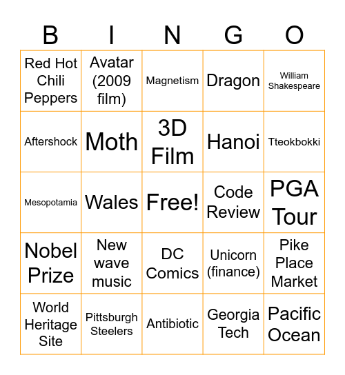 Galaxy Wikipedia Bingo #1 Bingo Card