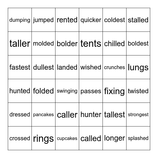Suffix Bingo -es -ed -ing -er -est Bingo Card