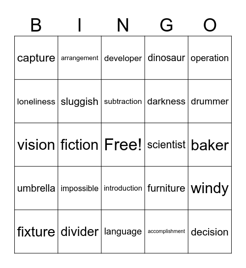 Multisyllabic Bingo Card
