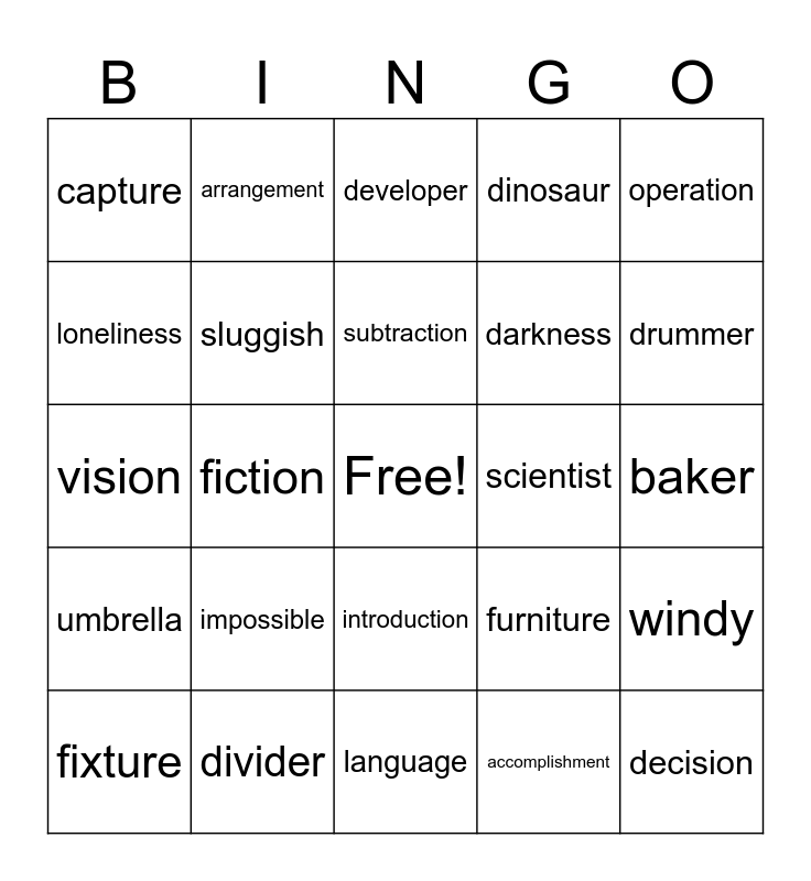 Multisyllabic Bingo Card