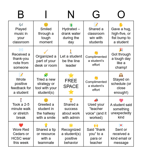 Teacher Appreciation Week BINGO Card