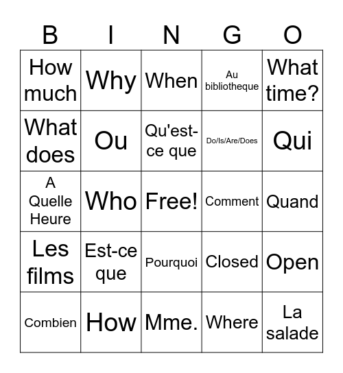 Les Questions Bingo Card