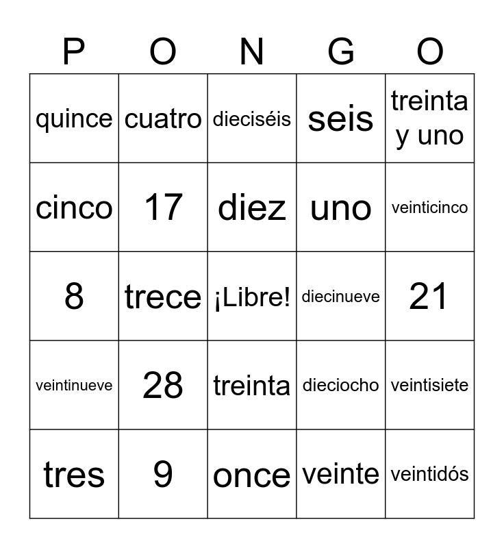 Los números (1-31) Bingo Card