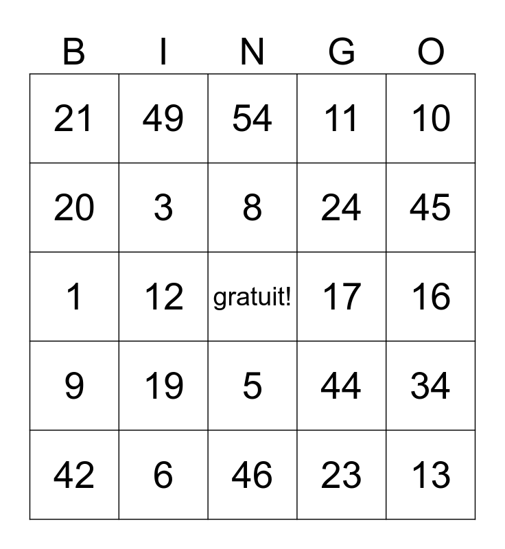 French bingo cards Bingo Card