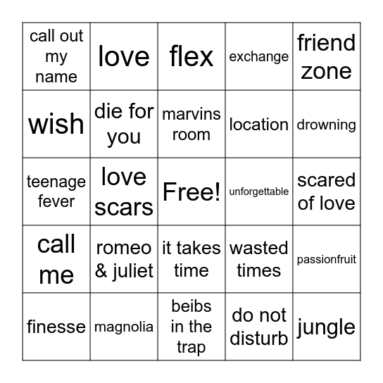 Rap Pack Bingo Card