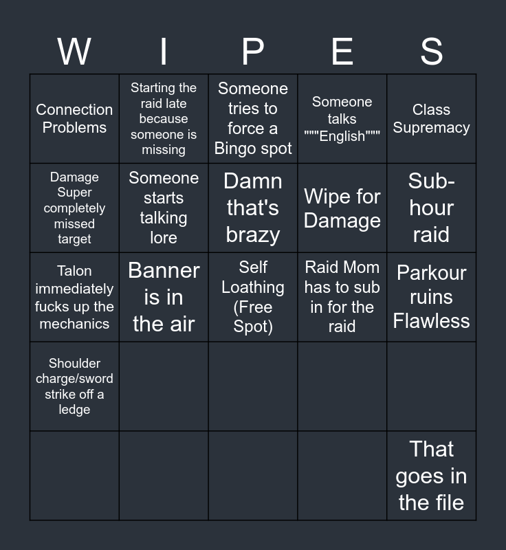 Raid Bingo Card