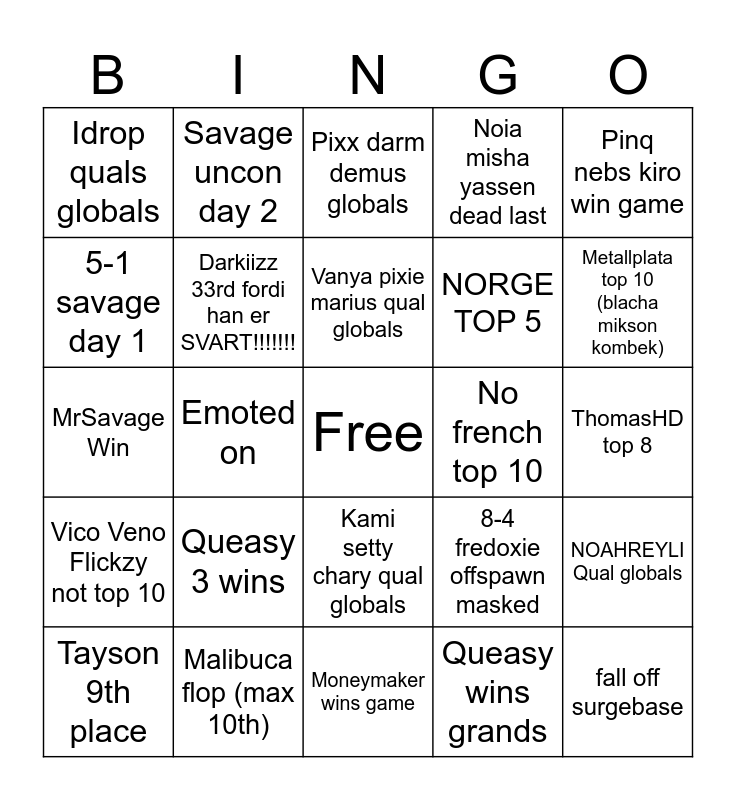 Fortnite Chapter 6 season 2 bingo card Bingo Card