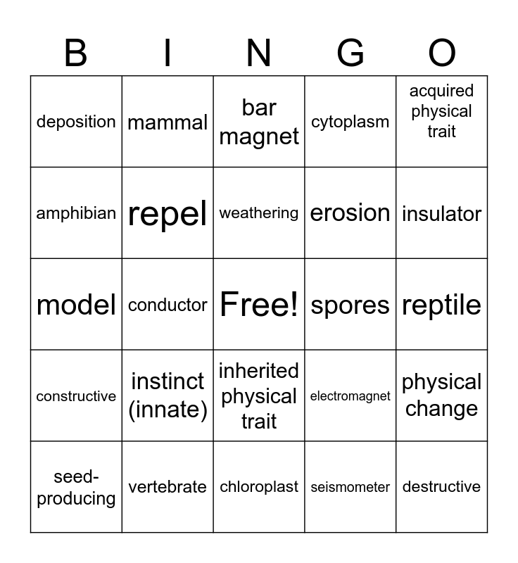 Science Vocabulary Review Bingo Card