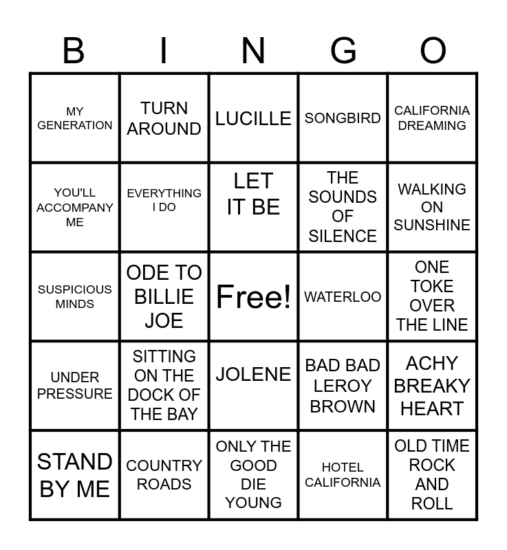 GEN X MUSIC BINGO Card