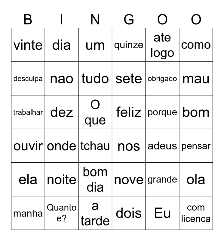 Portuguese Bingo Card
