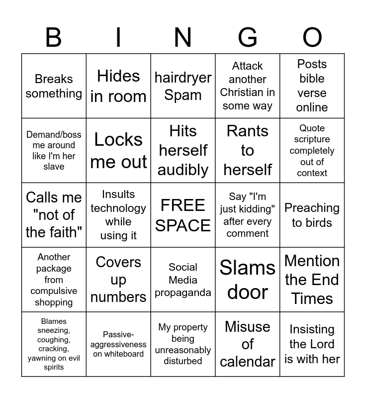 Insanity Bingo Card