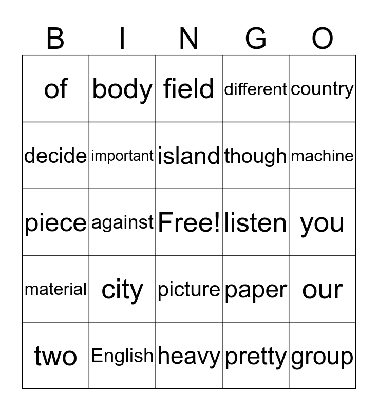 High-Frequency Bingo Card
