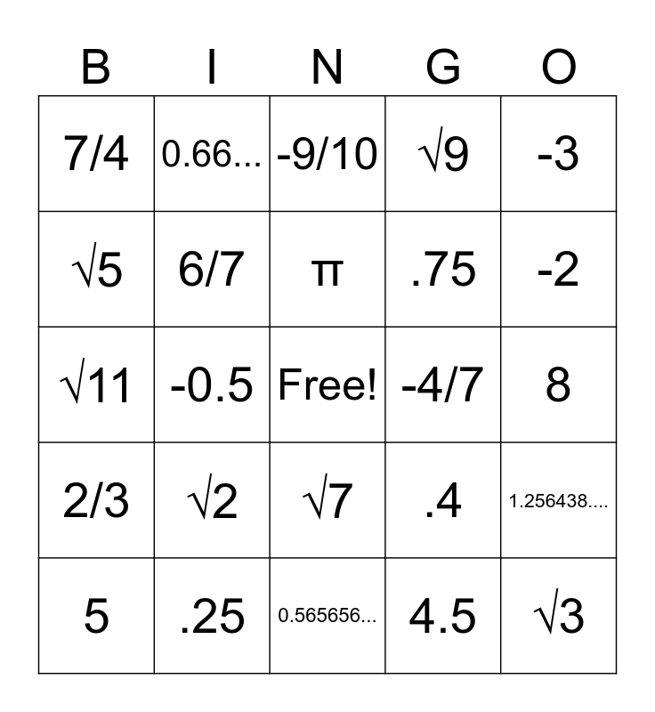 Rational and irrational Bingo Card