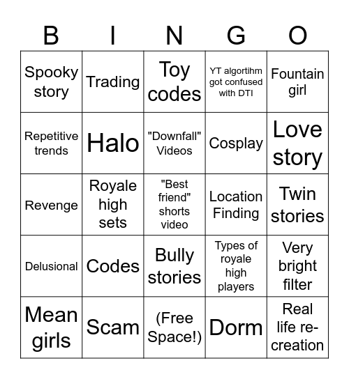 Royale High Videos/Shorts Bingo Card
