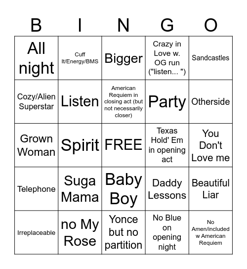 CC Tour Predictions Bingo Card