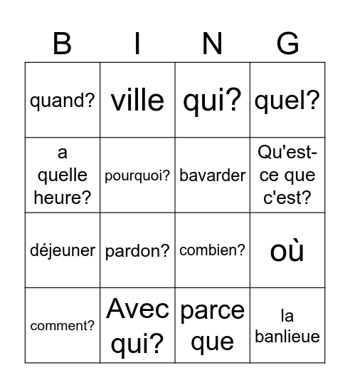 French question words plus Bingo Card