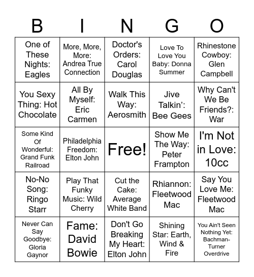 1975 Hits Bingo Card
