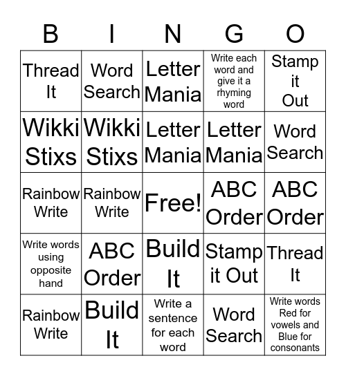Word Work Bingo Card