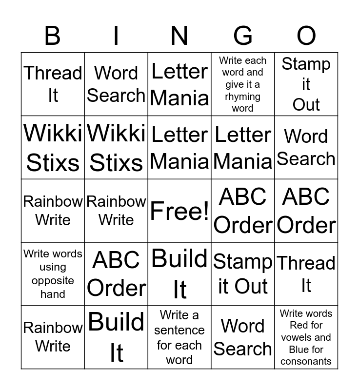 Word Work Bingo Card