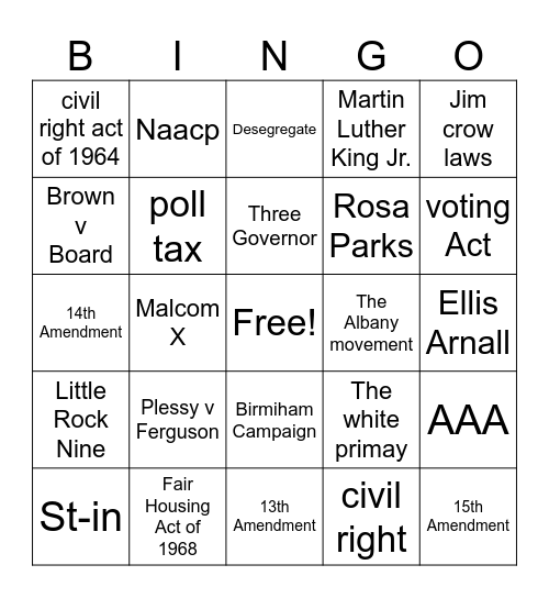 Civil Right Movement Bingo Card