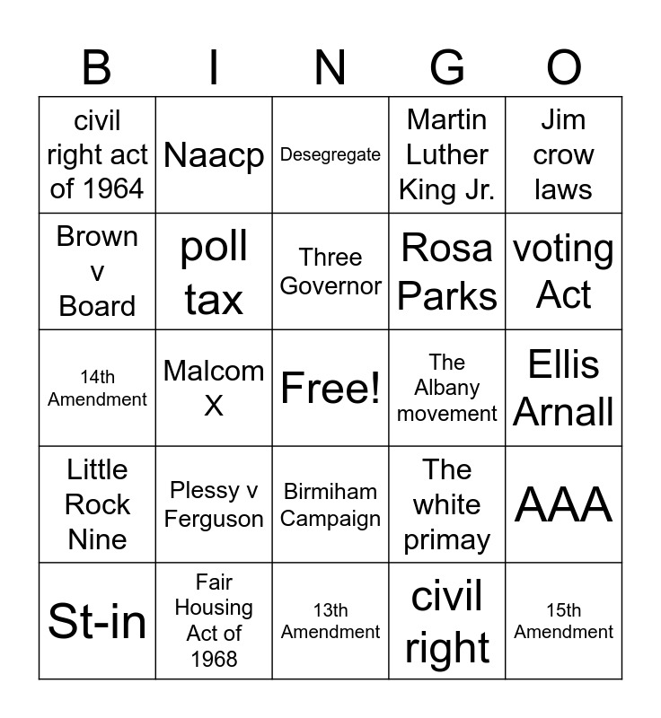 Civil Right Movement Bingo Card
