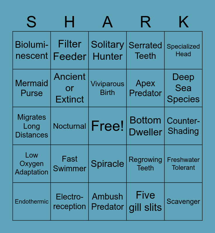SHARK CHARACTERISTICS Bingo Card