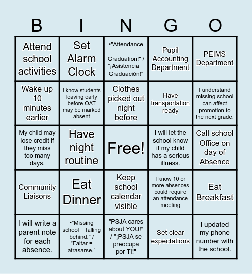 Attendance Bingo Card