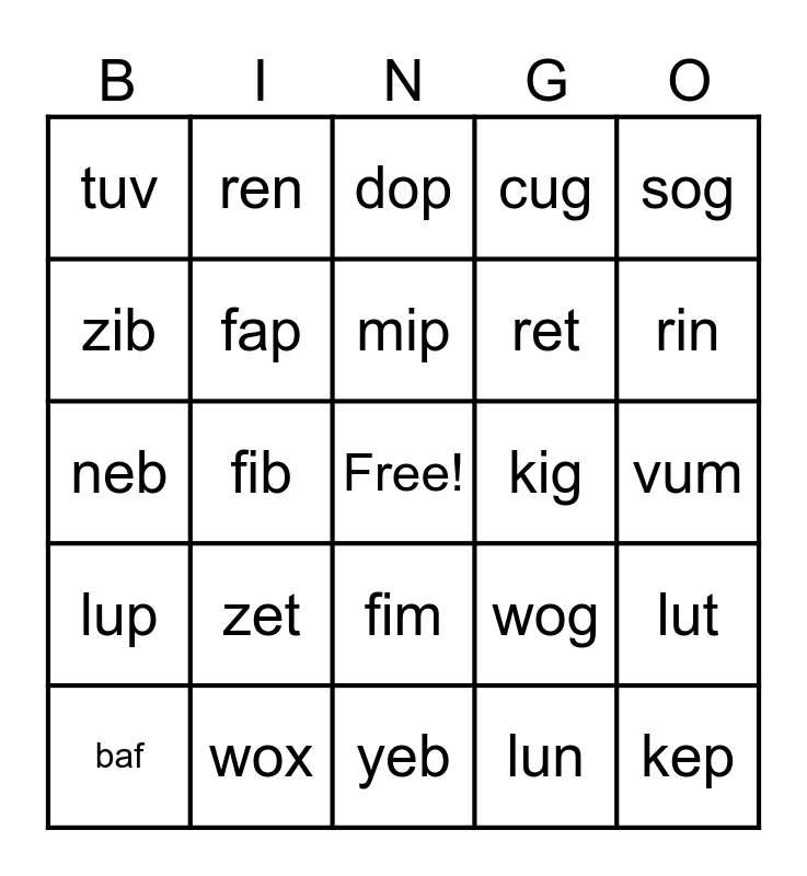 Nonsense Word Bingo Card