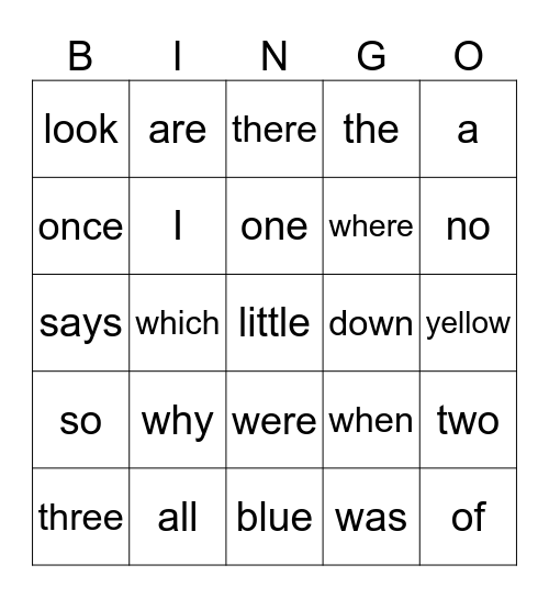 Tricky Word Bingo Card