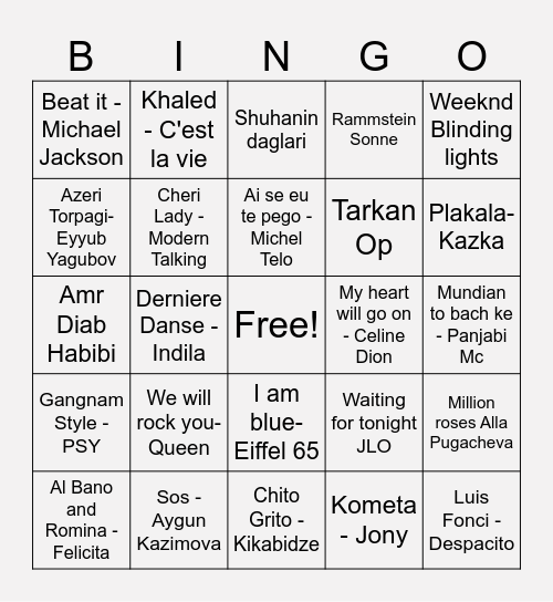 International Musical Bingo Card